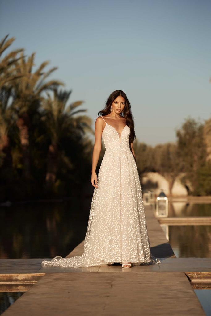 Adrian Lace V Neck Wedding Dress by Madi Lane Bridal | LUV Bridal