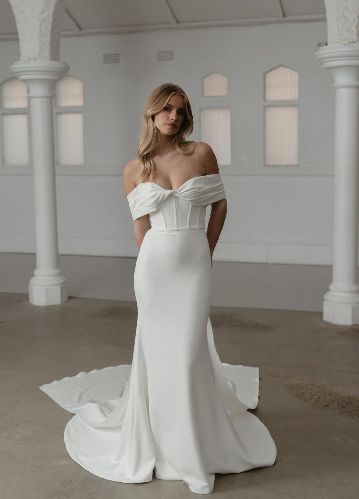 Soren Off the Shoulder Minimalist Crepe Wedding Dress by Madi Lane ...